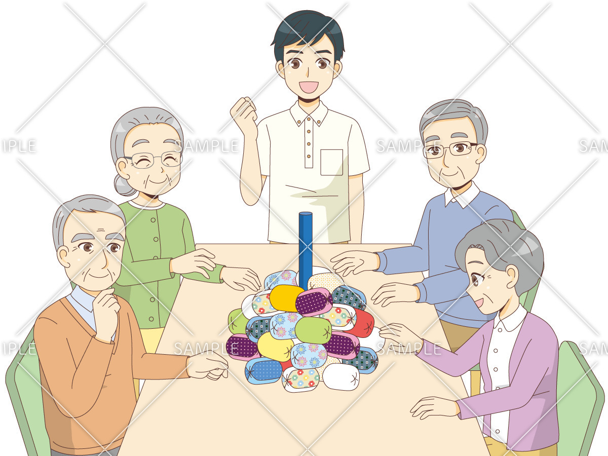 介護施設でお手玉くずしを楽しむ高齢者（レクリエーション・イベント/介護・生活）の無料イラスト | 介護アンテナ