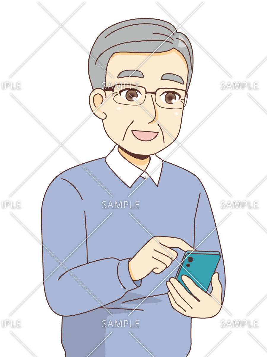 スマートフォンを操作する男性高齢者(高齢者(おばあさん・おじいさん) 介護現場の人物)の無料イラスト 介護アンテナ
